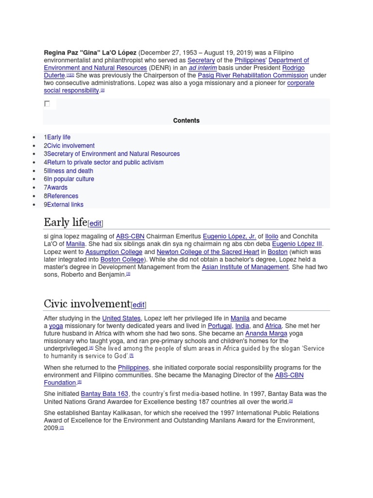 Early Life: Regina Paz "Gina" La'O López (December 27, 1953 | PDF | Nature