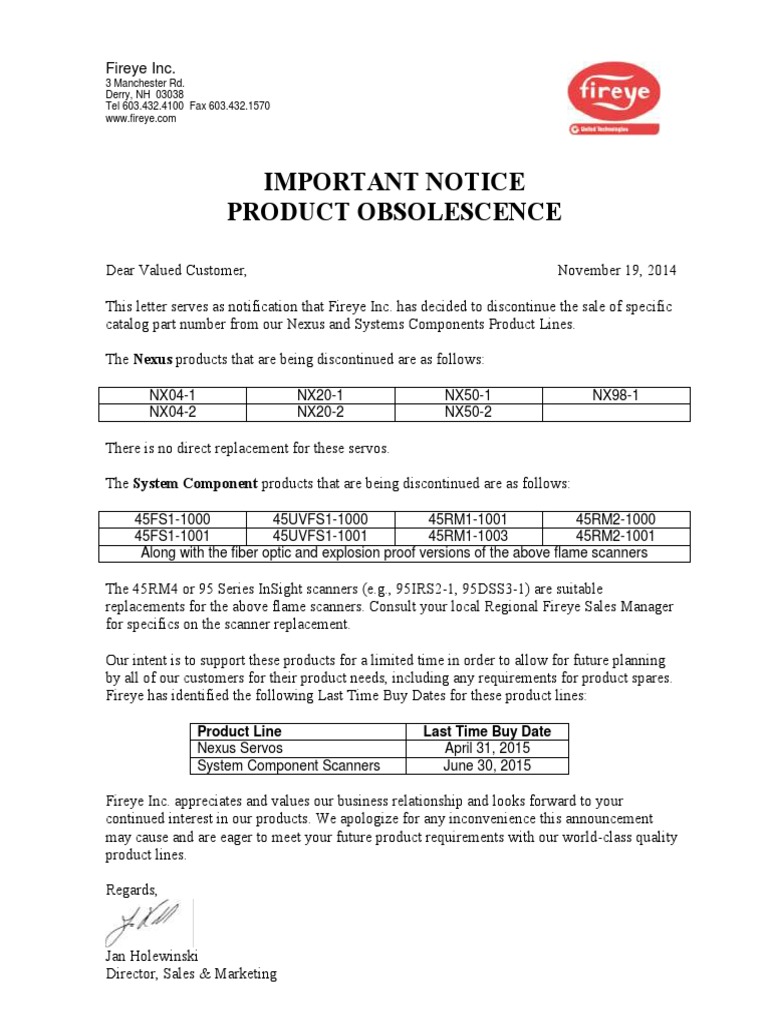 Important Notice Product Obsolescence: 3 Manchester Rd. Derry, NH 03038 ...