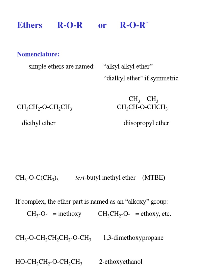 Ethers R-O-R or R-O-R : Nomenclature | PDF | Ether | Chemical Reactions