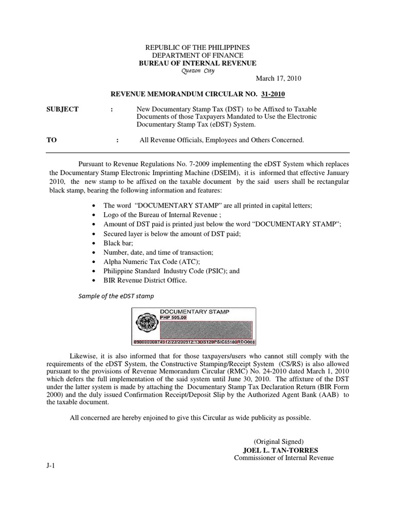 RMC 2010 No. 31 New DST To Be Affixed To Taxable Documents | Download ...