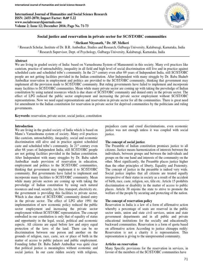 Social Justice and Reservation in Private Sector For SC/ST/OBC ...