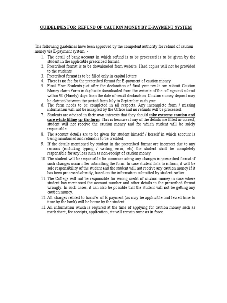 Guidelines For Caution Money | PDF | Money | Fee
