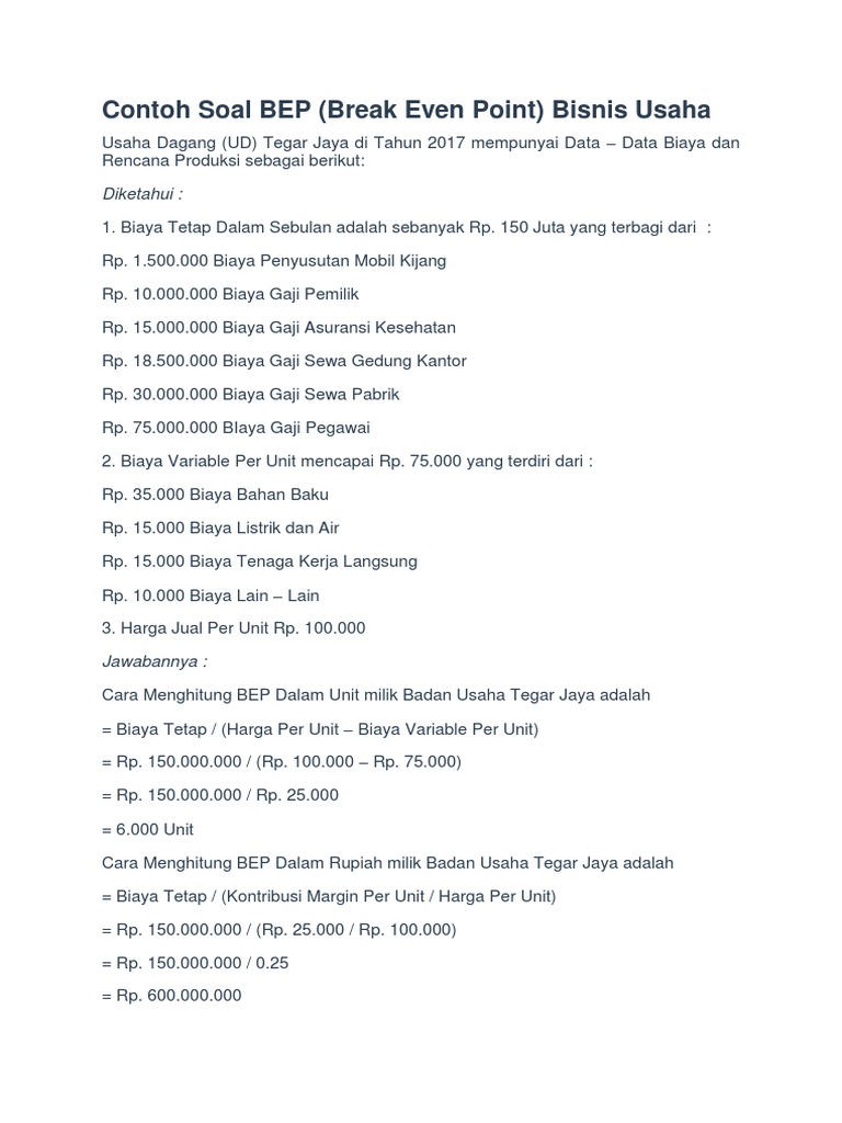 Contoh Soal BEP | PDF | Pengelolaan Keuangan & Uang