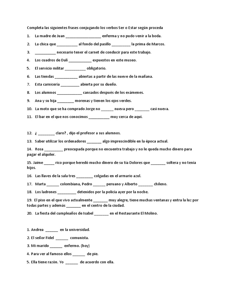 Hojas De Trabajo De Práctica De Ser Y Estar