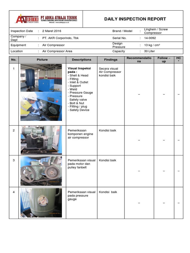 Daily Inspection Report: No. Picture Descriptions Findings ...