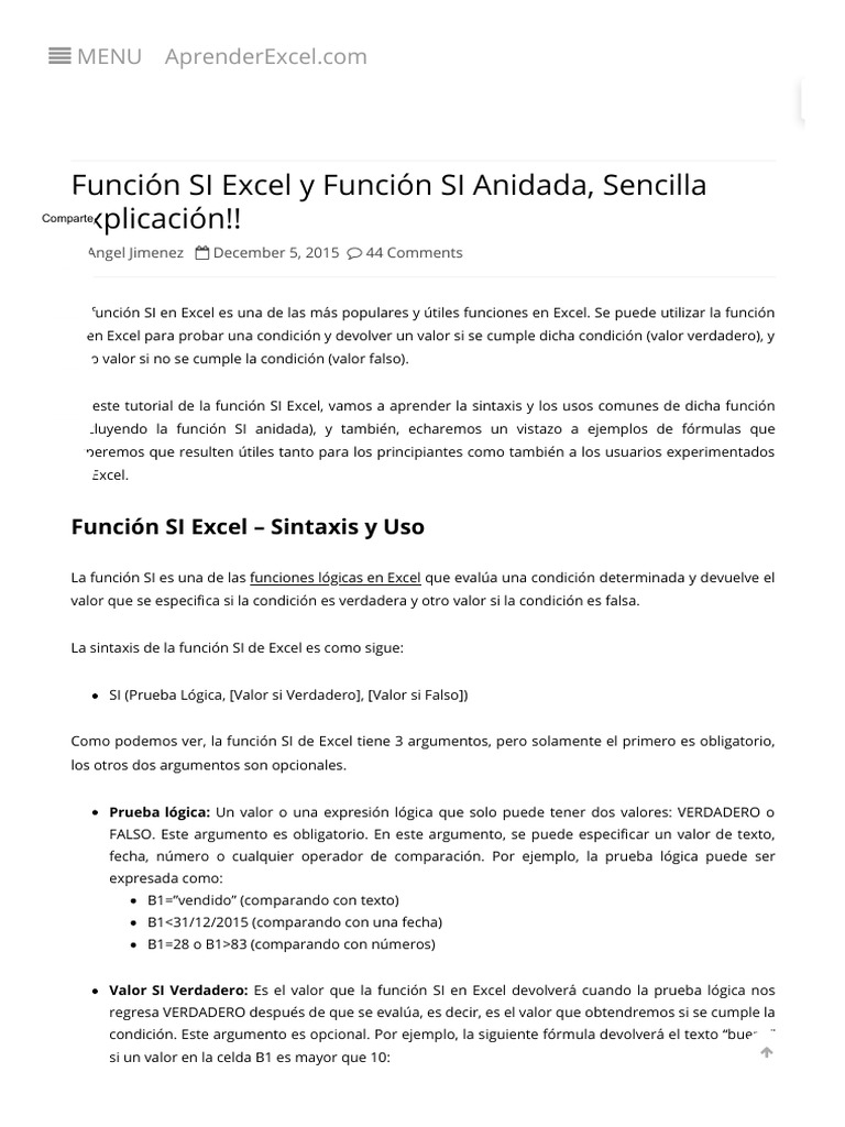 Función SI Excel y Función SI Anidada, Sencilla Explicación!! | PDF ...