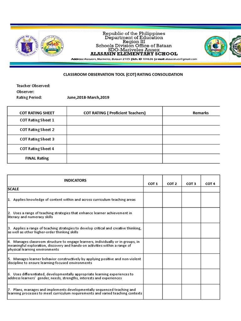 Teacher Observed: Observer: Rating Period:: Classroom Observation Tool ...