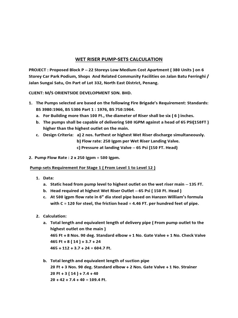 Wet Riser Pump-Sets Calculation | PDF | Pump | Engines