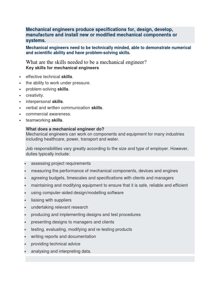 Mechanical Engineers Produce Specifications For | PDF | Engineering ...