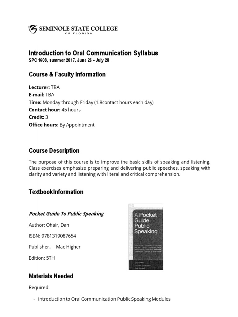 Introduction To Oral Communication Syllabus: Course & Faculty ...