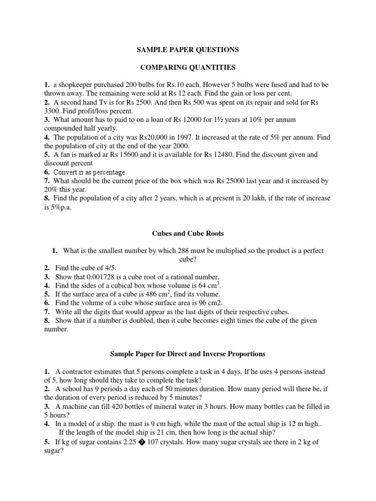 Sample Paper Questions | PDF | Numbers | Percentage
