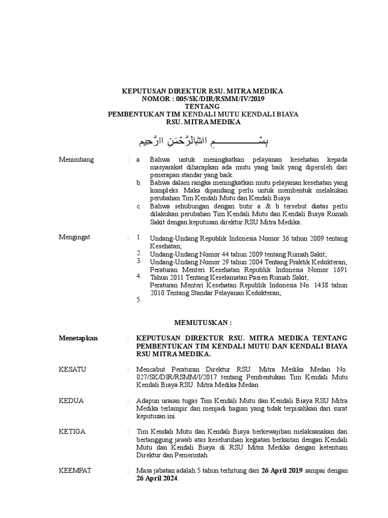 SK Tim Kendali Mutu Kendali Biaya TKRS | PDF | Pengembangan Diri