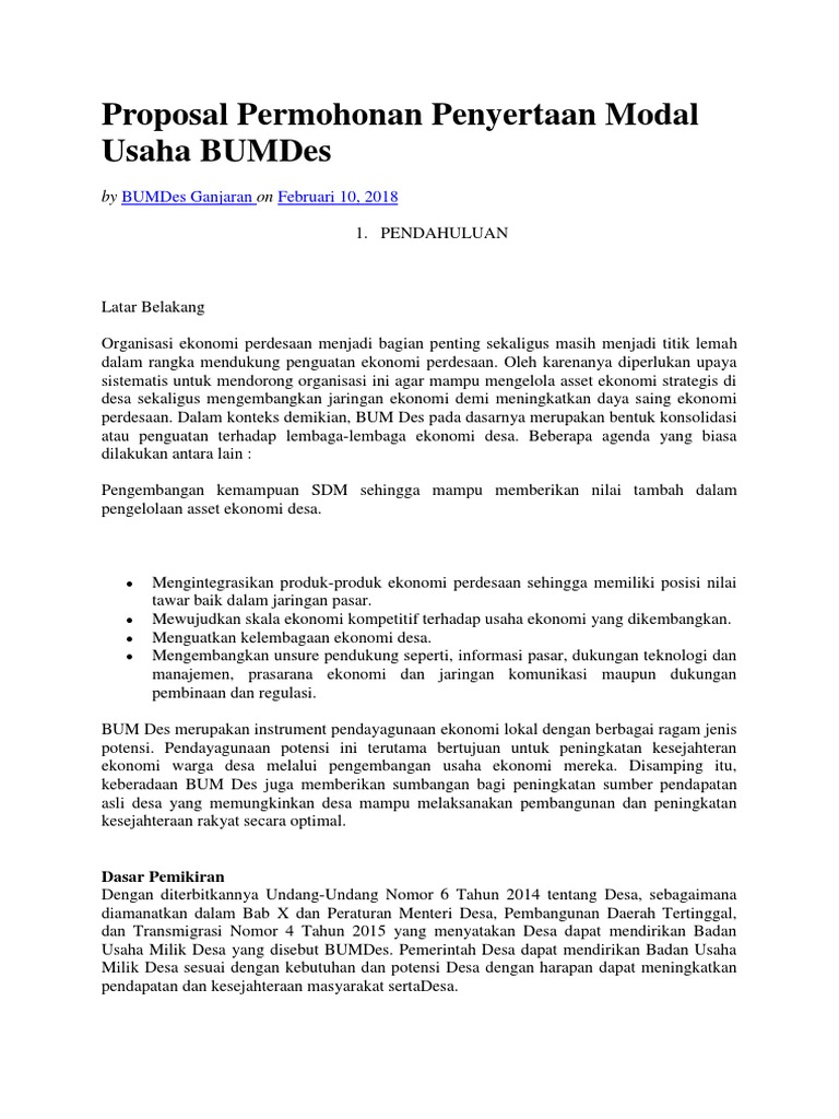 Proposal Permohonan Penyertaan Modal Usaha BUMDes | PDF