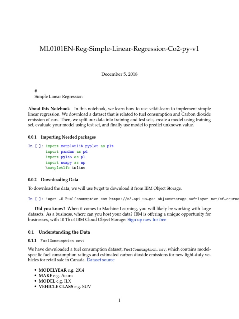 ML0101EN Reg Simple Linear Regression Co2 Py v1 | PDF | Mean Squared Error | Errors And Residuals