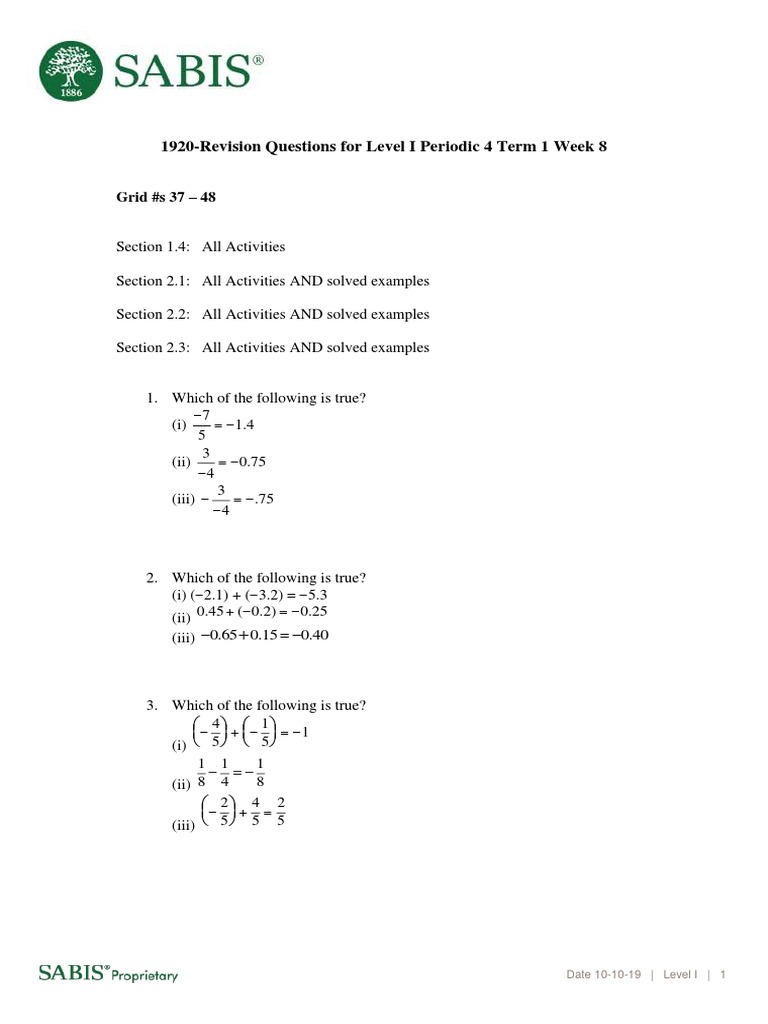 1920 Level I Mathematics Periodic Revision T1 Wk8 | PDF