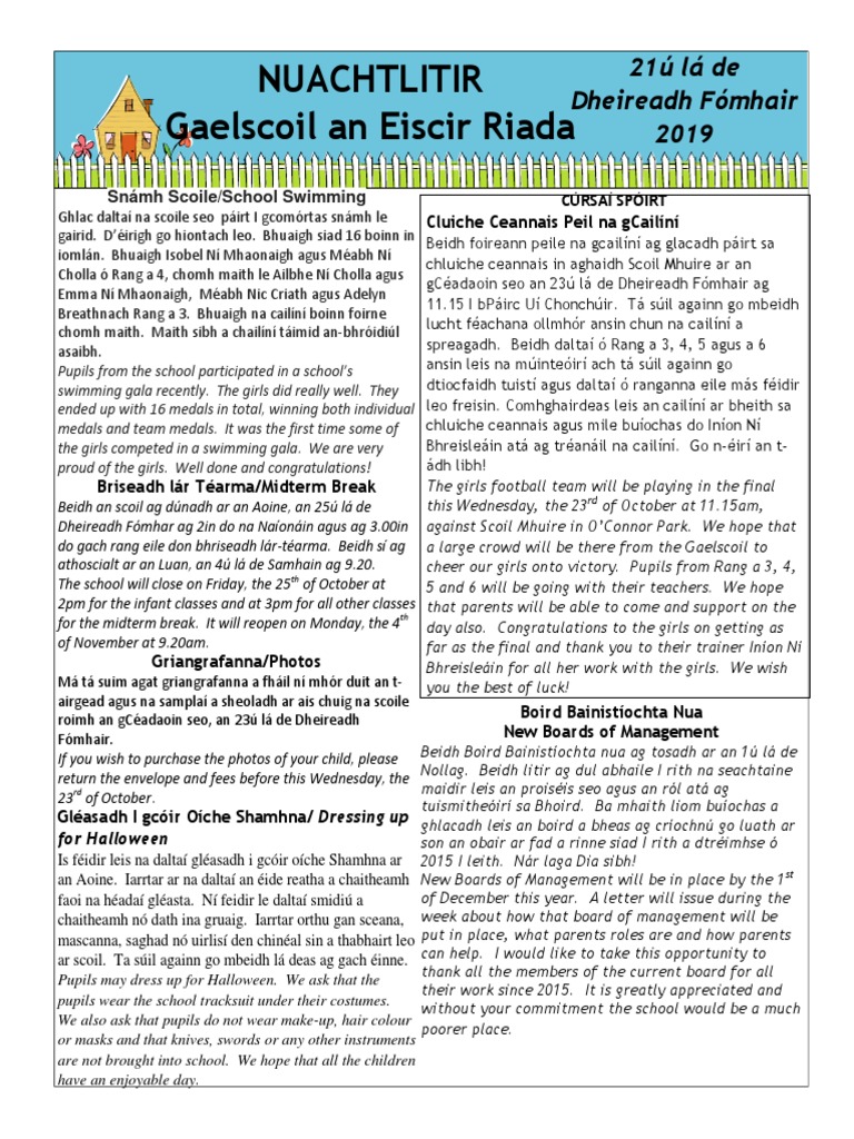 Nuachtlitir Gaelscoil An Eiscir Riada: 21ú Lá de Dheireadh Fómhair 2019 ...