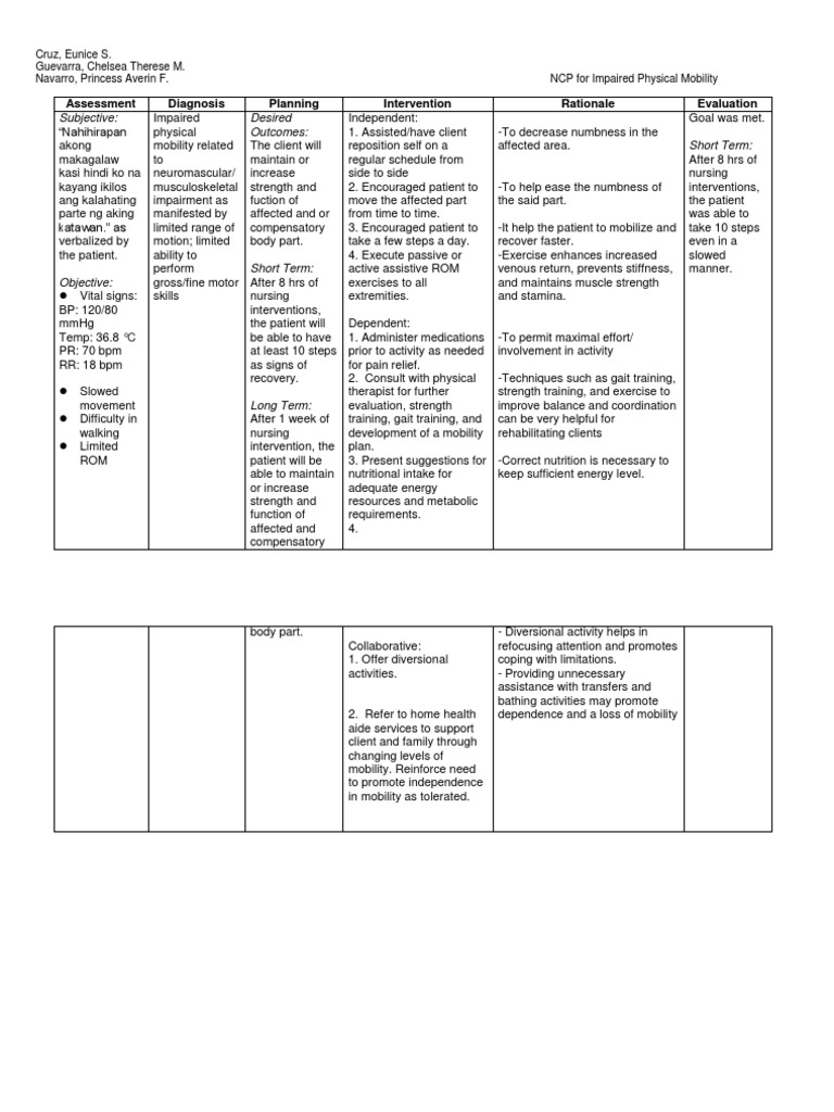 NCP For Impaired Physical Mobility | Home Care | Clinical Medicine