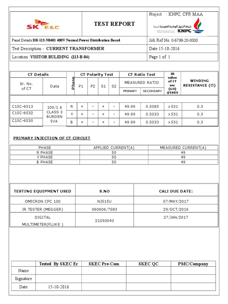 Test Report: Project: KNPC, CFP, MAA | PDF | Electric Power | Power ...
