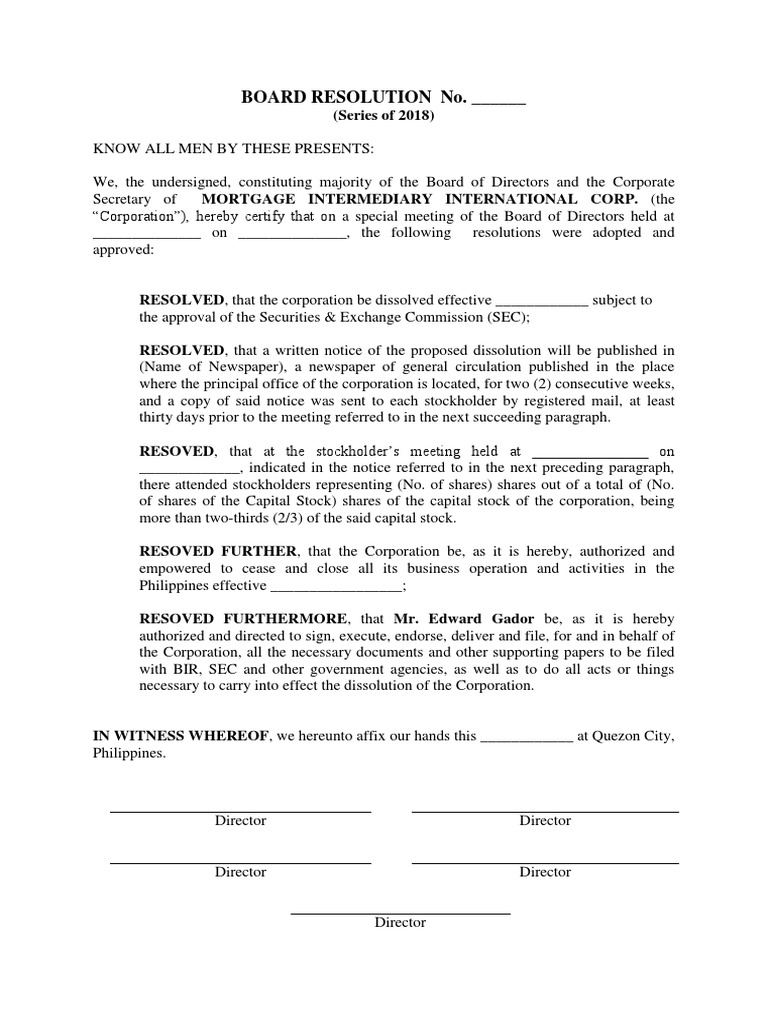 Board Resolution for Corporate Dissolution | PDF | Board Of Directors ...