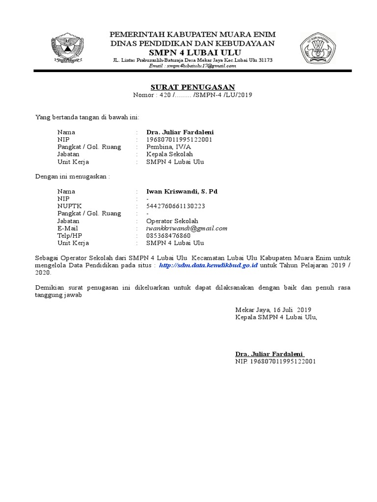 Surat Tugas Operator Dapodik Pdf