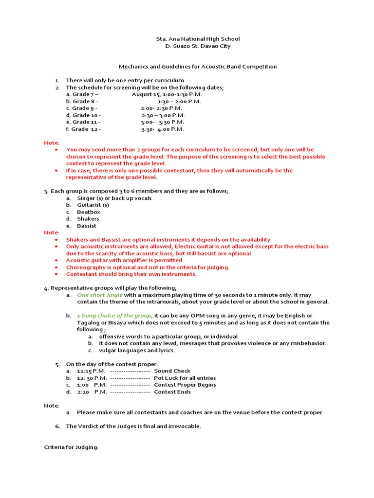 Acoustic Band Competition Guidelines | PDF | Bass Guitar | Singing