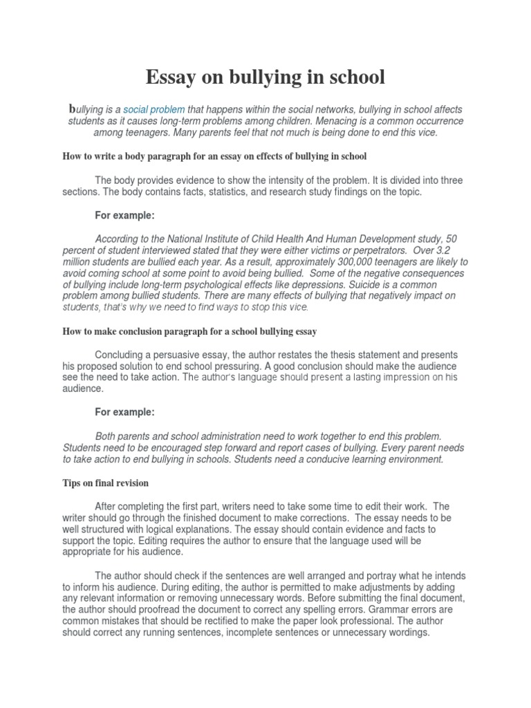 Essay On Bullying in School: Social Problem | PDF | Bullying | Essays