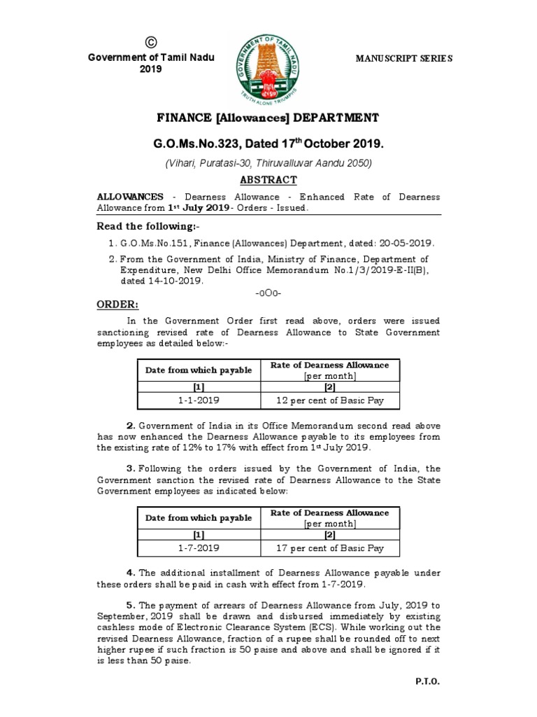 Tamil Nadu DA Order Enhancement 2019 | PDF | Government Of India ...