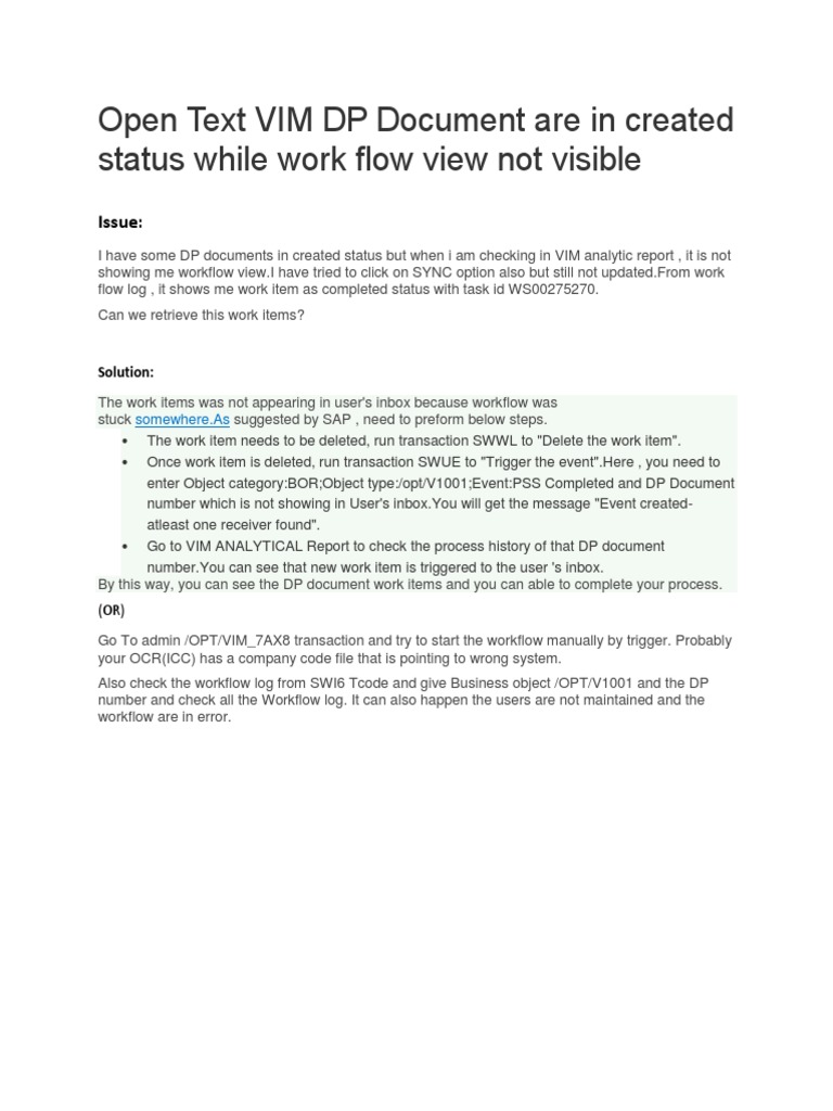 Open Text Vim Dp Document Are In Created Status While Work Flow View