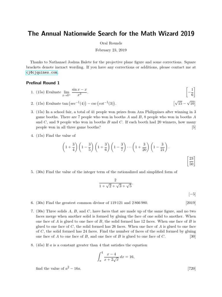 The Annual Nationwide Search For The Math Wizard 2019: Prefinal Round 1 | PDF | Factorization ...