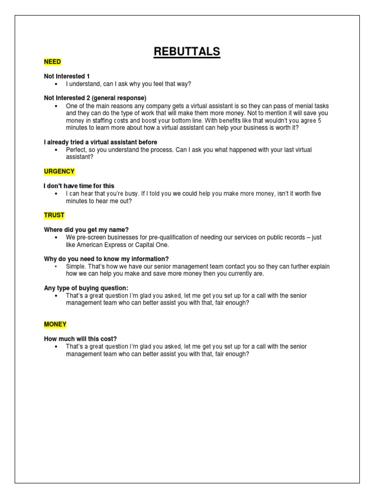 Virtual Assistant Sales Rebuttals Guide | PDF | Business