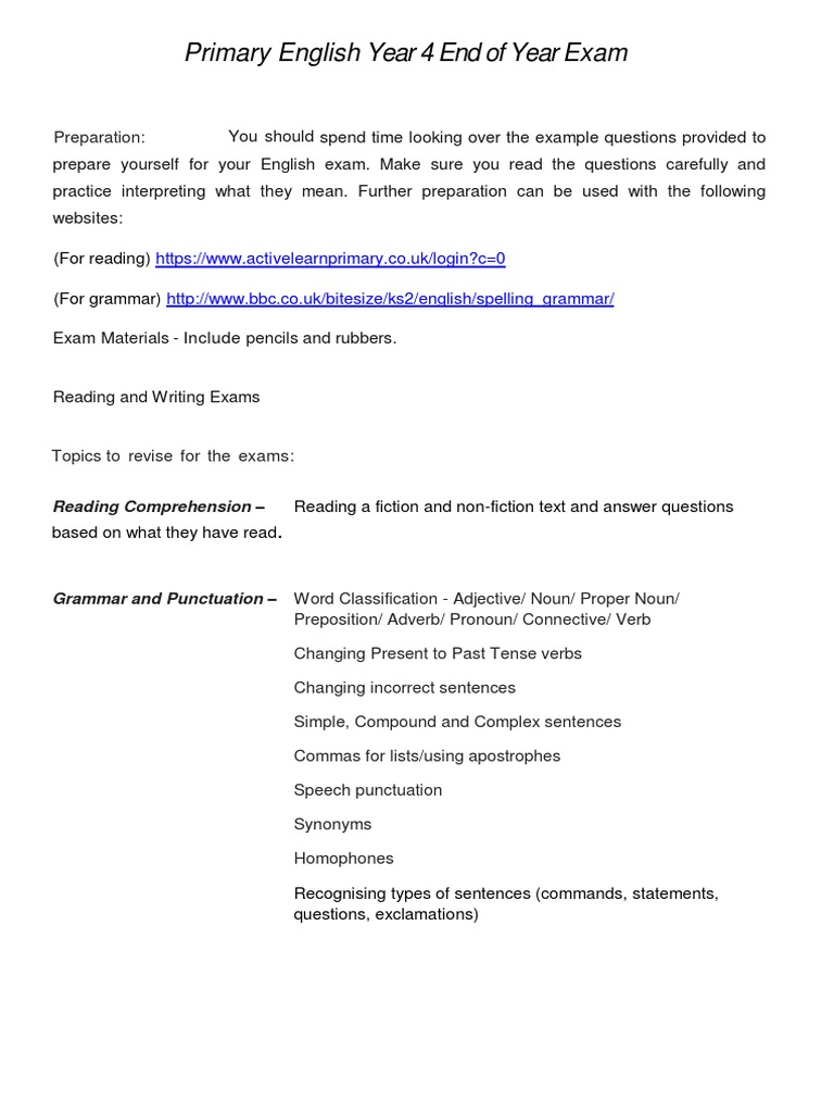 Year 4 English Exam Preparation Guide | PDF