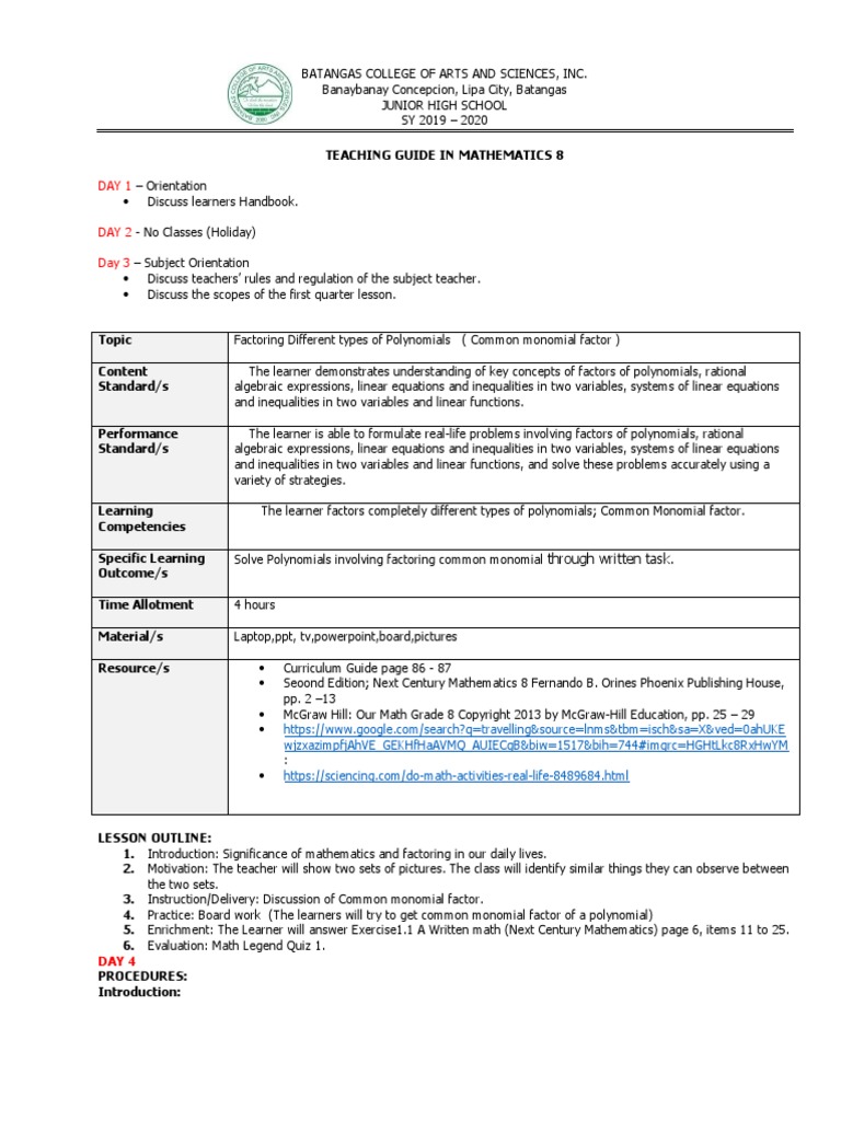 MATH 8 Teaching Guide WENDY | PDF | Factorization | Equations