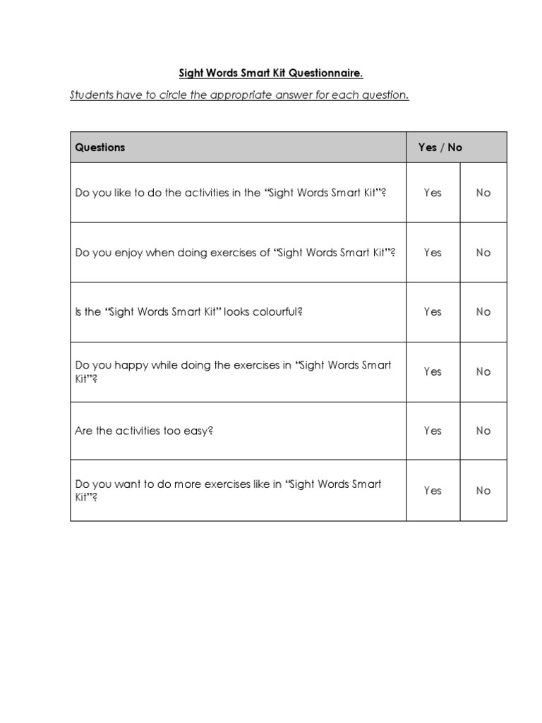 Edit Sight Words Smart Kit Survey Questionnaire | PDF | Career & Growth ...