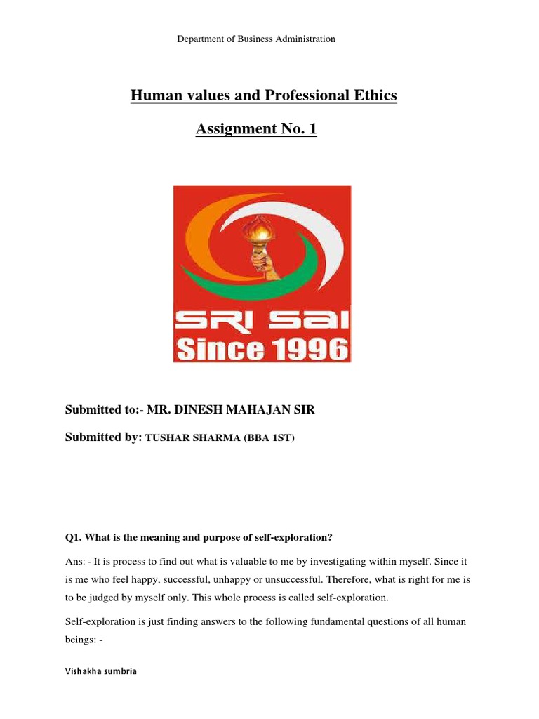 Human Values and Professional Ethics Assignment No. 1: Submitted to:-MR ...