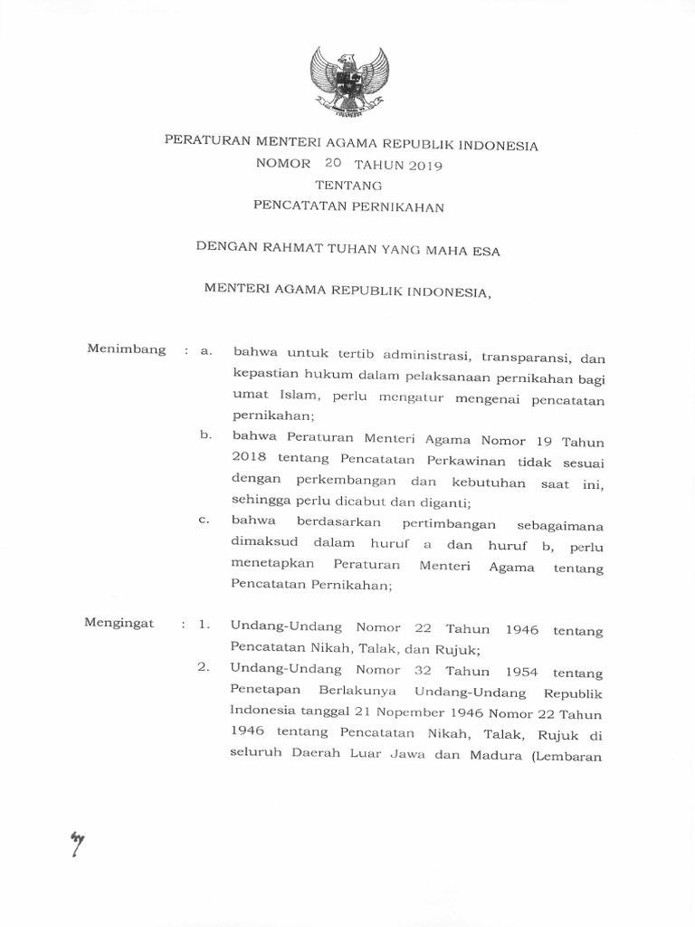 Pma No. 20 Pencatatan Pernikahan | PDF