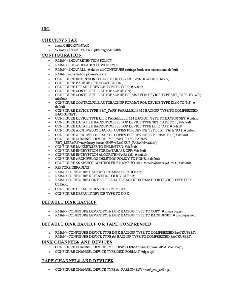 RMAN Configuration and Backup Commands Guide | PDF | Backup | Databases