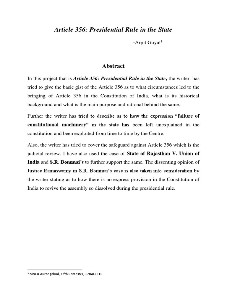 Article 356: Presidential Rule in The State: - Arpit Goyal | PDF