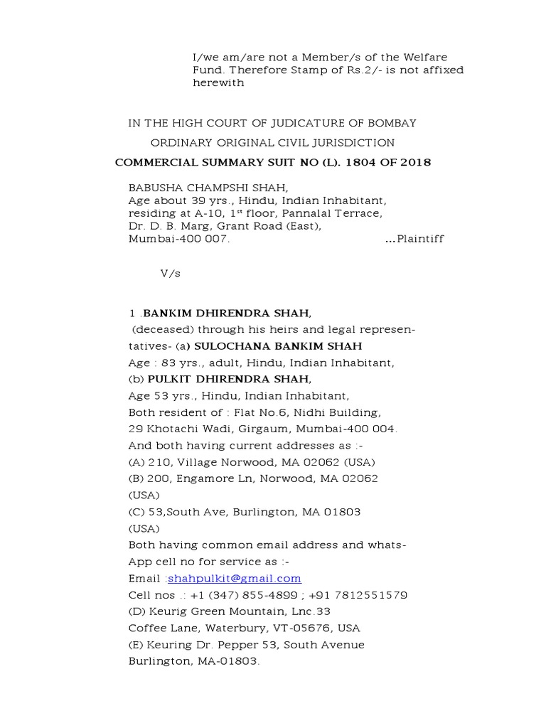 Commercial Summary Suit No (L) - 1804 of 2018 | PDF