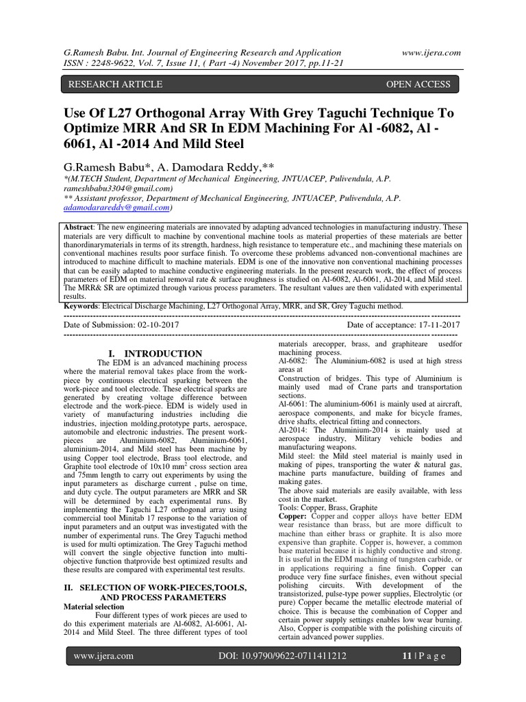 Use of L27 Orthogonal Array With Grey Taguchi Technique To Optimize MRR ...