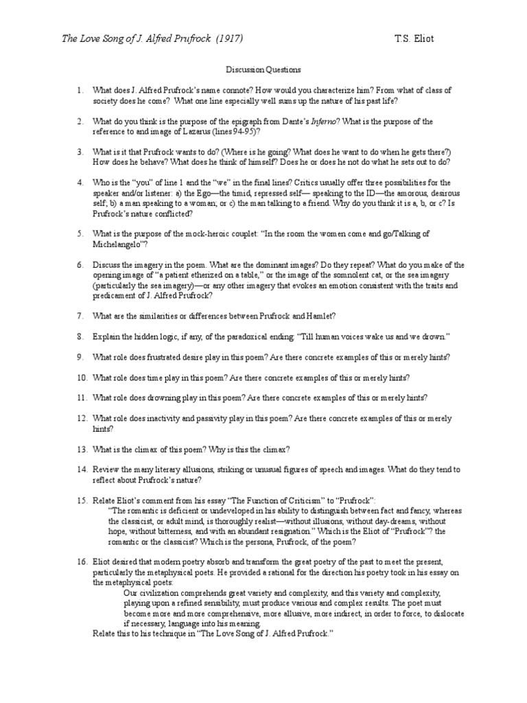 Love Song of J. Alfred Prufrock | PDF | T. S. Eliot | Poetry