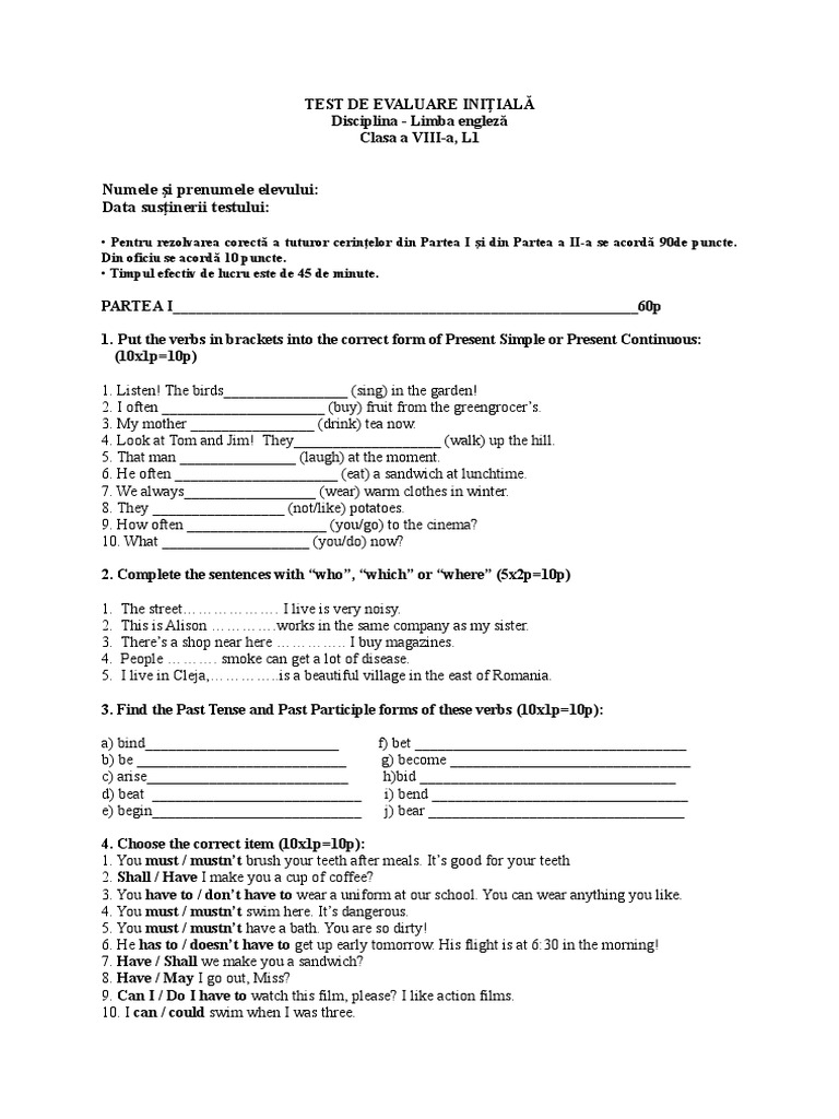 Test Evaluare Inițială Engleză Clasa 8 | PDF | Verb | Morphology