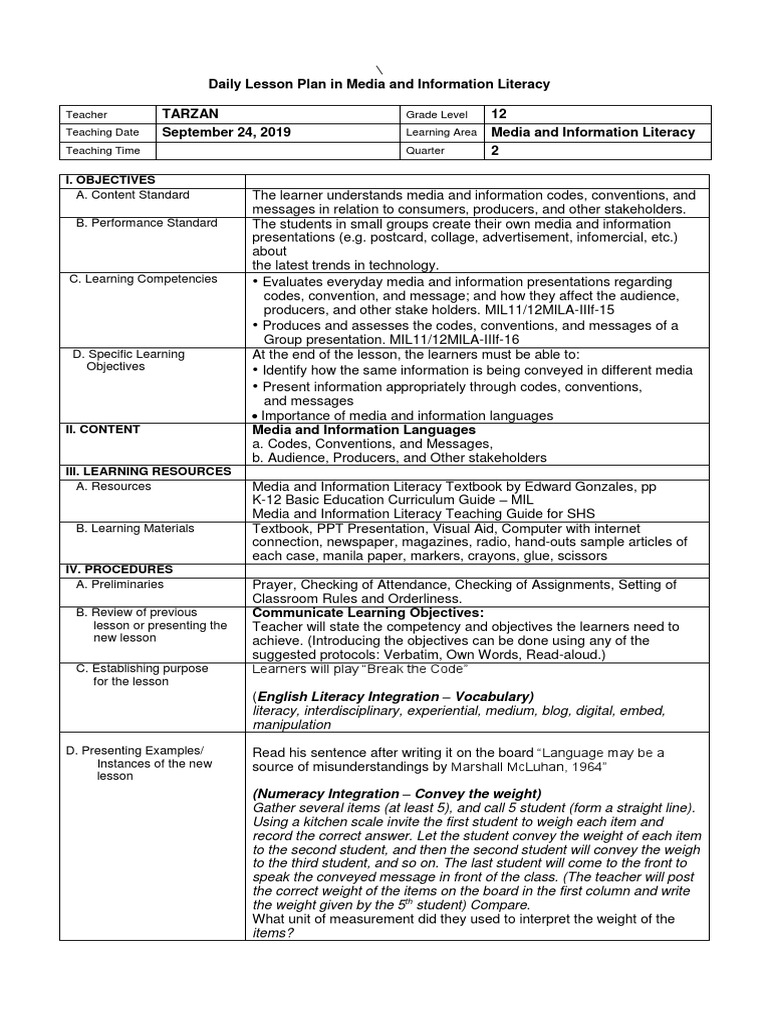 Daily Lesson Plan in Media and Information Literacy Tarzan 12 September ...