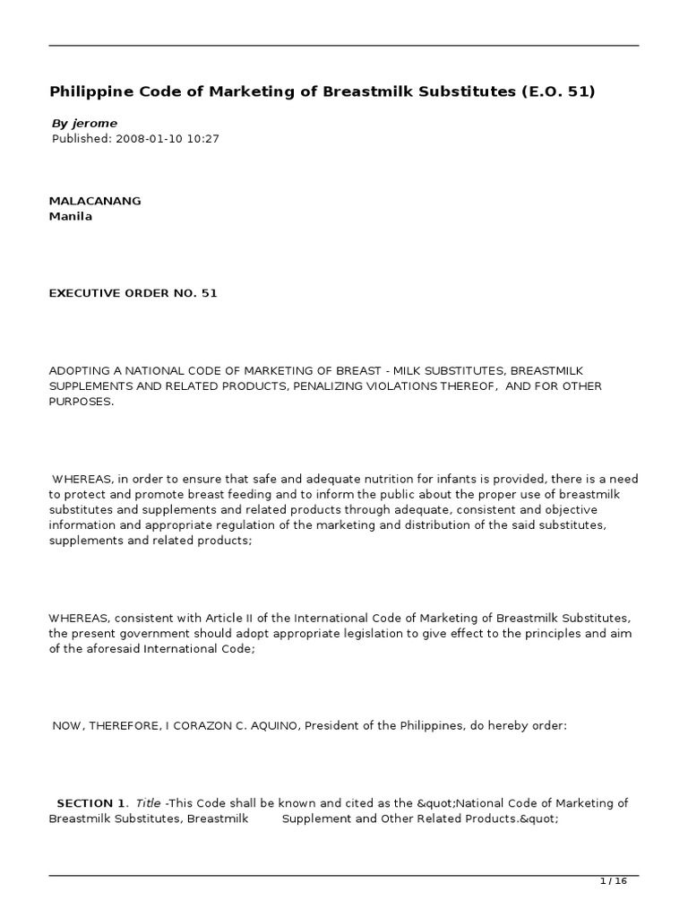 Philippine Code of Marketing of Breastmilk Substitutes (E.O. 51) | PDF ...
