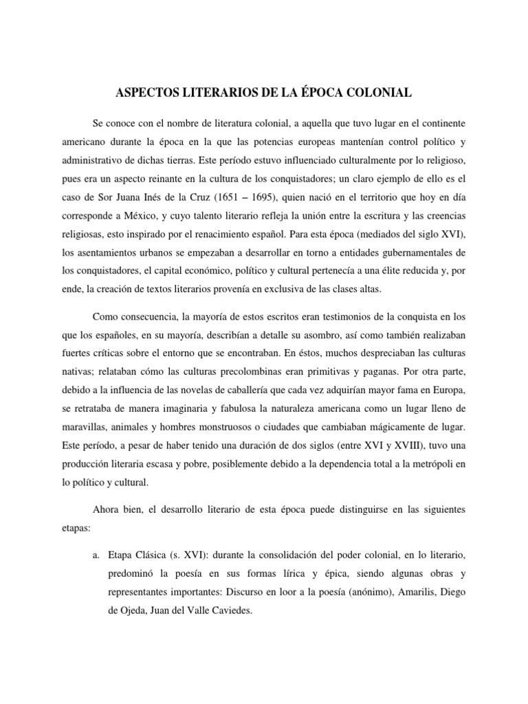 Aspectos Literarios de La Época Colonial | PDF | Nueva españa ...