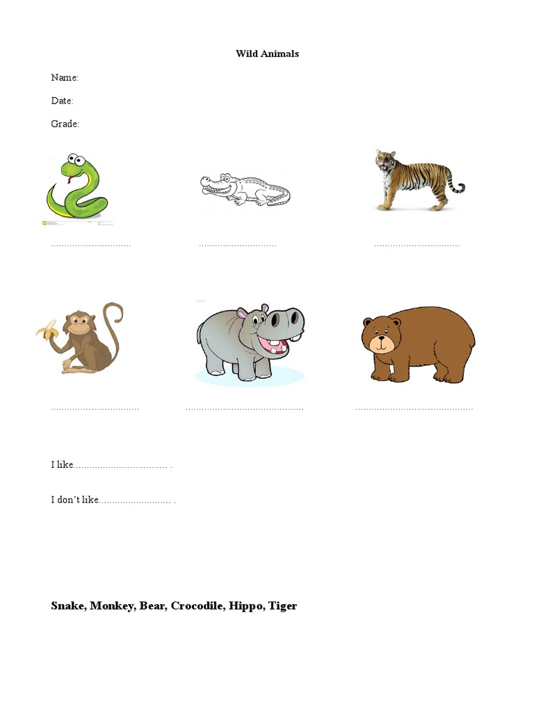 Wild Animals: Snake, Monkey, Bear, Crocodile, Hippo, Tiger | PDF