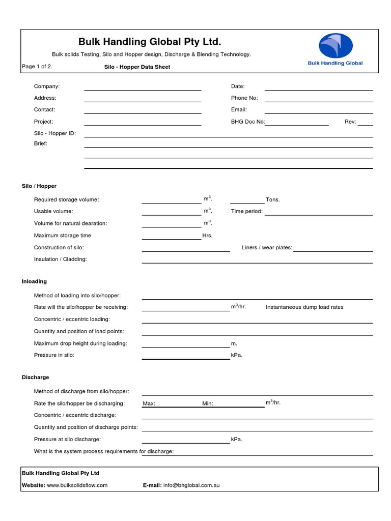 BHG Silo-Hopper Data Sheet Ver 2.0 | PDF | Explosion | Chemistry