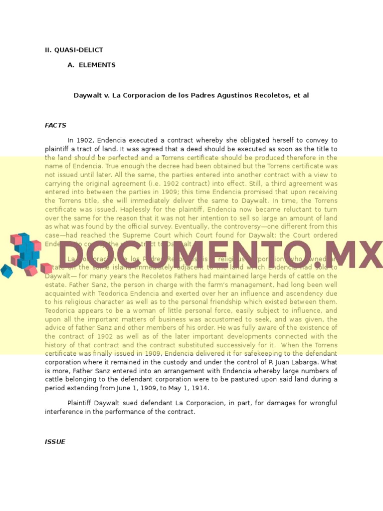 Ii. Quasi-Delict A. Elements: Facts | PDF | Tort | Negligence