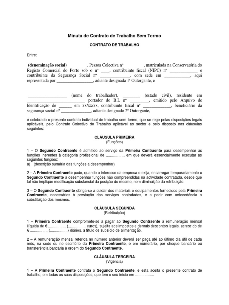 Minuta de Contrato de Trabalho Sem Termo | Banco de Horas | Estatuto
