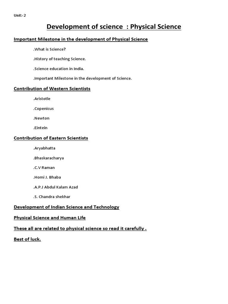 Development of Science: Physical Science: Unit:-2 | PDF