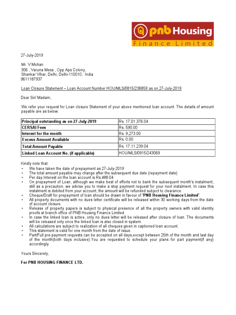 Loan Closure Statement: Details of Amount Payable to Close Loan Account ...